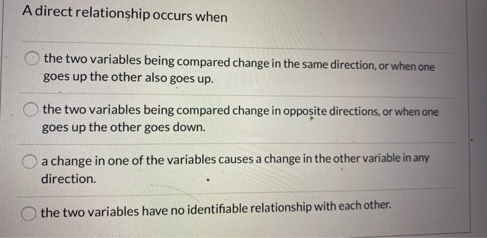 Solved A direct relationship occurs when the two variables | Chegg.com
