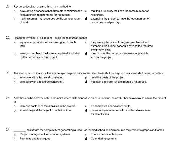 Solved 21. Resource leveling, or smoothing, is a method for | Chegg.com