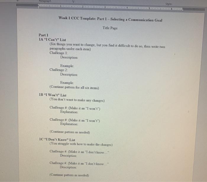 Paragraph Styles Week I CCC Template: Part 1 - | Chegg.com