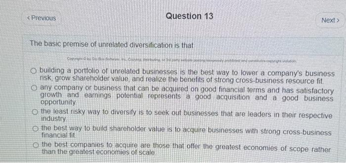 Solved The basic premise of unrelated diversification is | Chegg.com
