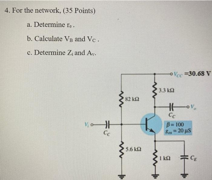 Solved 4. For the network, (35 Points) a. Determine re. b. | Chegg.com