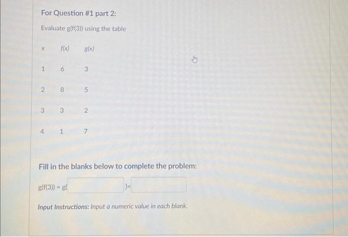 Solved For Question \#1 part 2: Evaluate g(f(3)) using the | Chegg.com