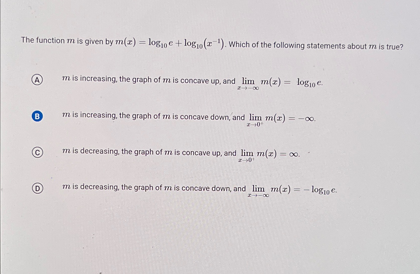 Solved The function m ﻿is given by m(x)=log10e+log10(x-1). | Chegg.com