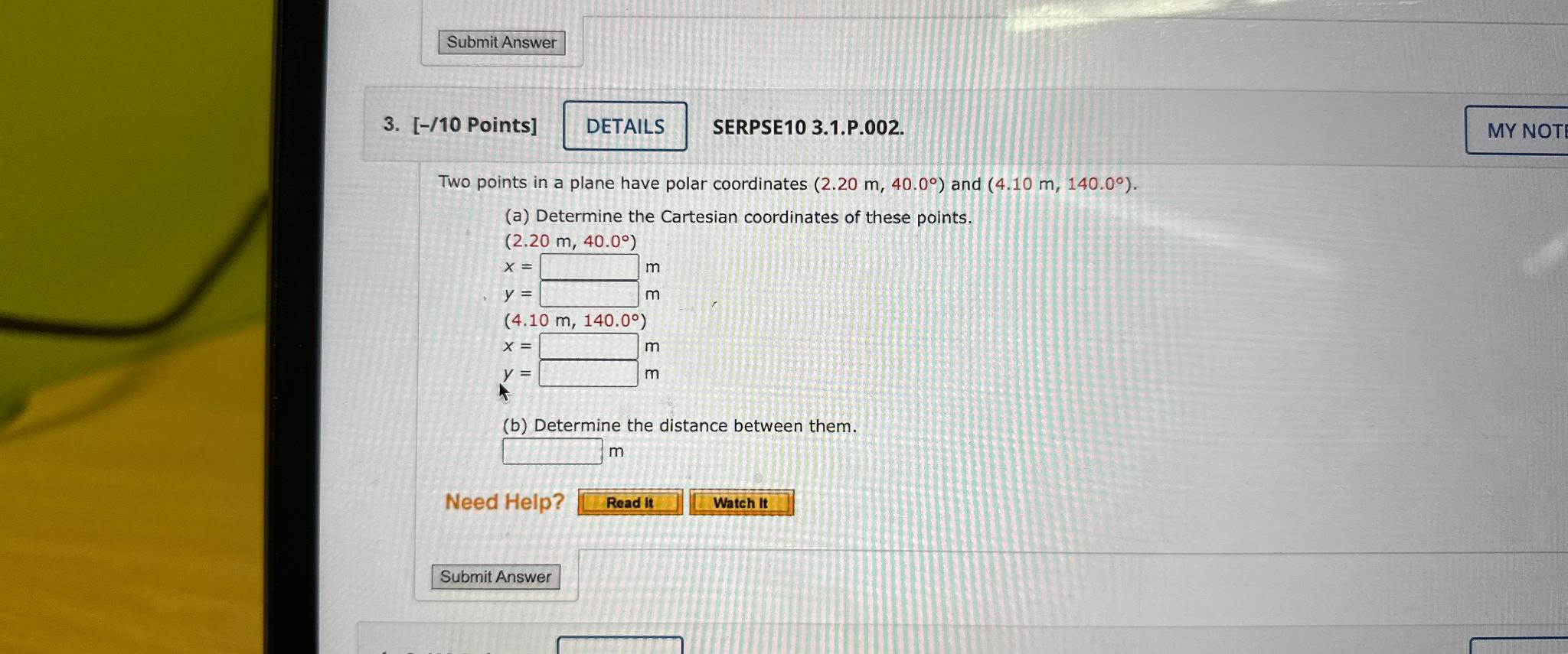 Solved Points]SERPSE10 3.1.P.002.Two points in a plane have | Chegg.com