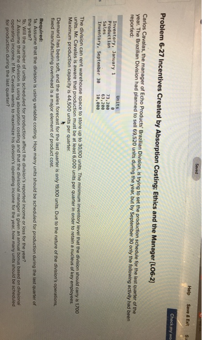 Solved Saved Help Save & Exit Su Check my wo Problem 6-27 | Chegg.com