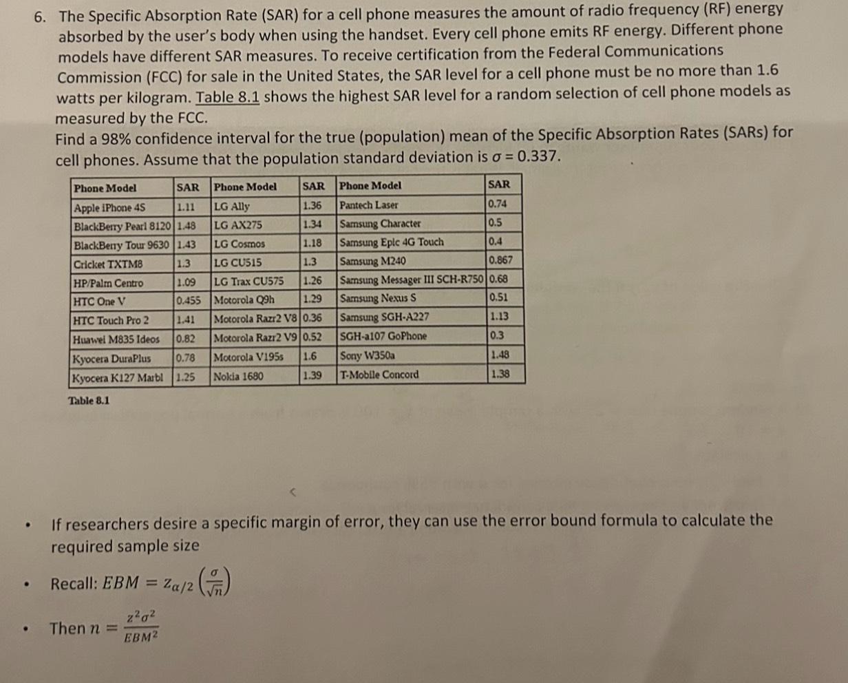 Solved The Specific Absorption Rate (SAR) ﻿for a cell phone | Chegg.com