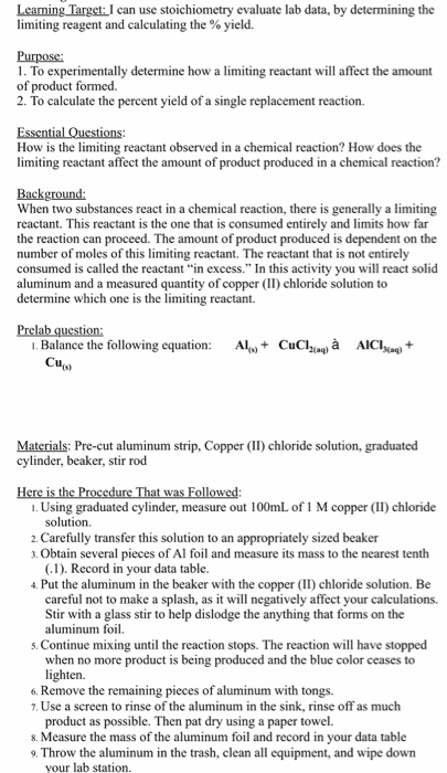 Solved Learning Target: I can use stoichiometry evaluate lab | Chegg.com