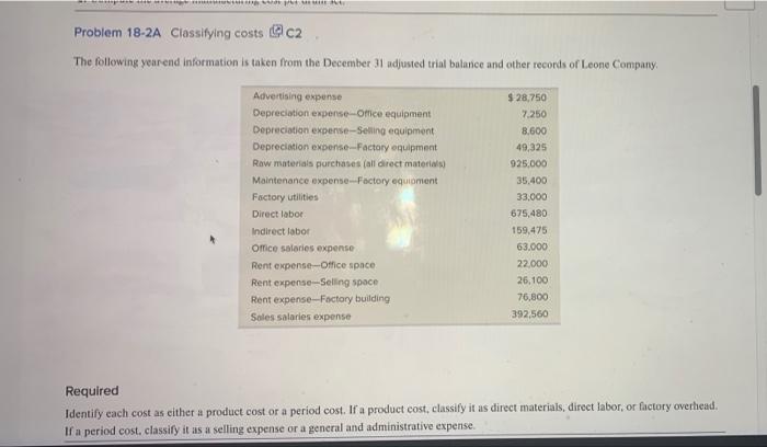 Solved M Problem 18-2A Classifying costs c2 The following | Chegg.com