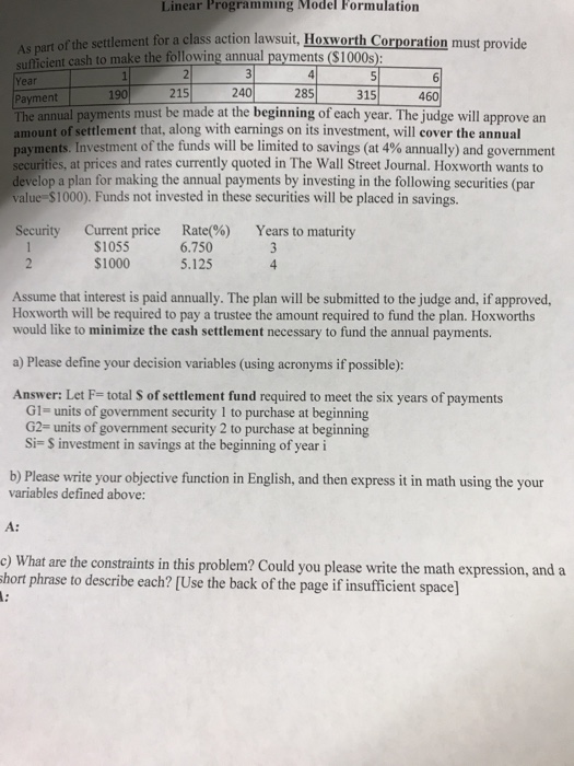 Solved Linear Programming Model Formulation As part of the | Chegg.com