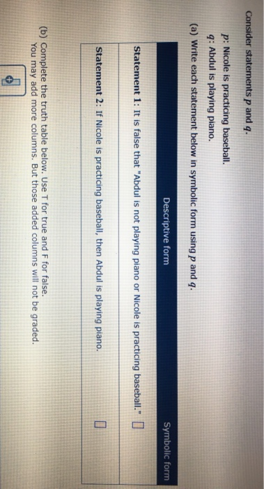 Solved Consider statements p and q. p: Nicole is practicing | Chegg.com