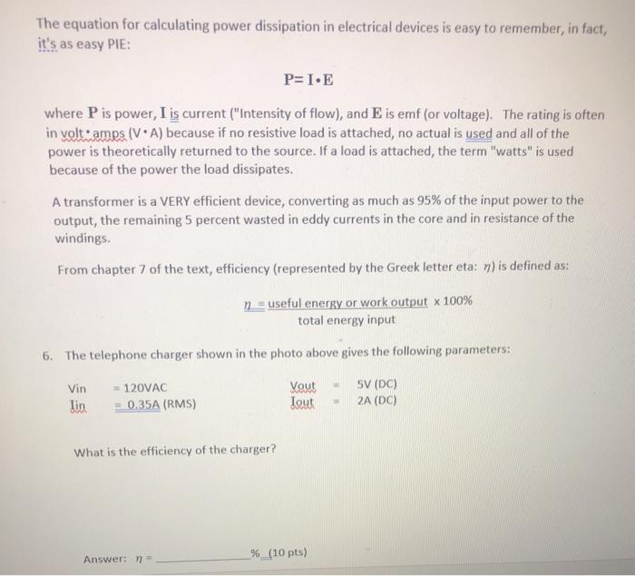 Solved The equation for calculating power dissipation in | Chegg.com