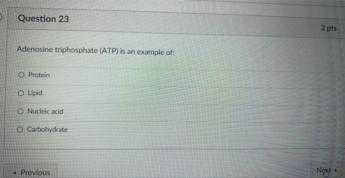 Solved Adenosine triphosphate (ATP) is an example of: | Chegg.com