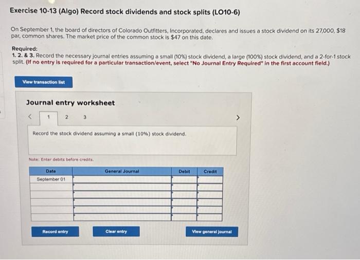Solved Exercise 10-13 (Algo) Record stock dividends and | Chegg.com