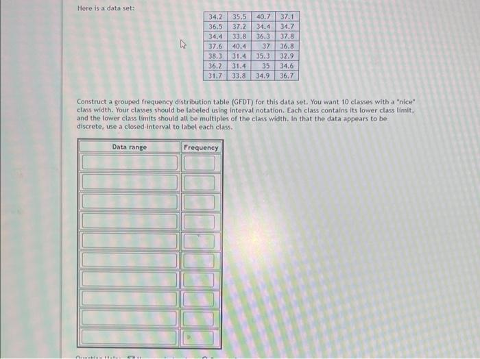 Solved Here is a data set: Construct a grouped frequency | Chegg.com