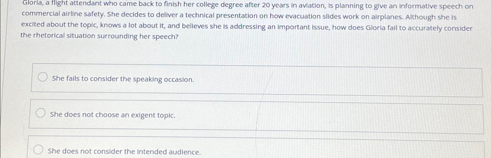 Solved Glorla, a flight attendant who came back to finish | Chegg.com