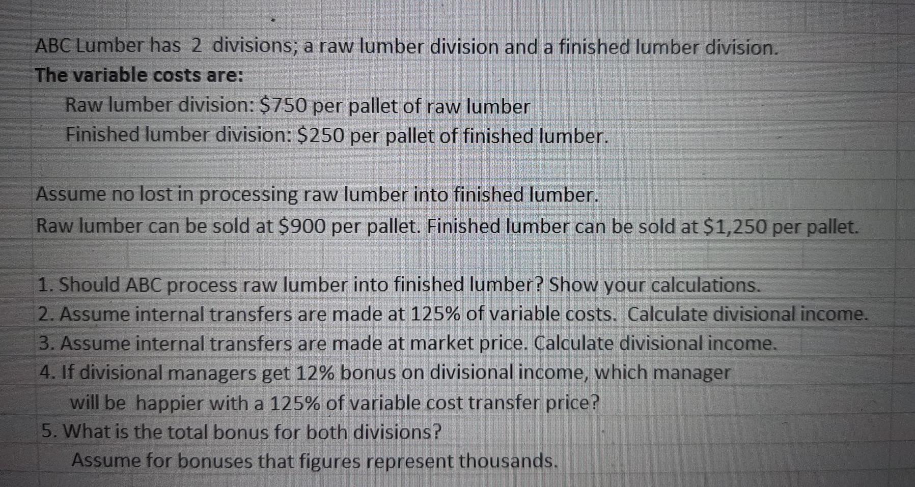 Solved ABC Lumber has 2 divisions; a raw lumber division and | Chegg.com