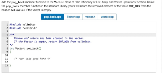Solved Add the pop_back member function to the vector class | Chegg.com