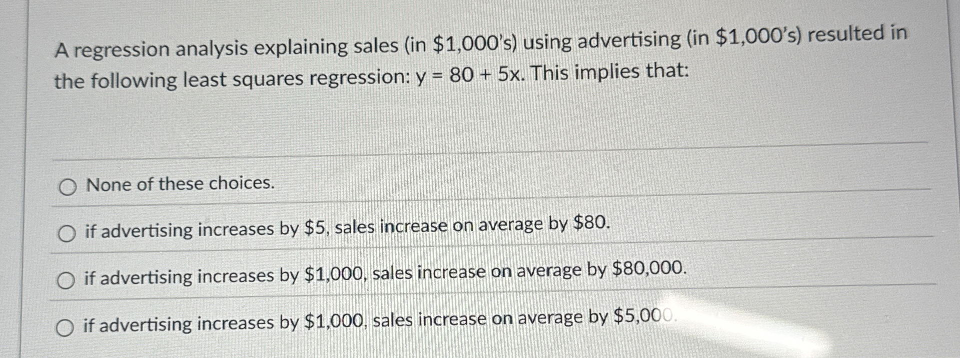 Solved A regression analysis explaining sales (in $1,000's) | Chegg.com