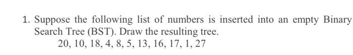 Solved 1. Suppose the following list of numbers is inserted | Chegg.com