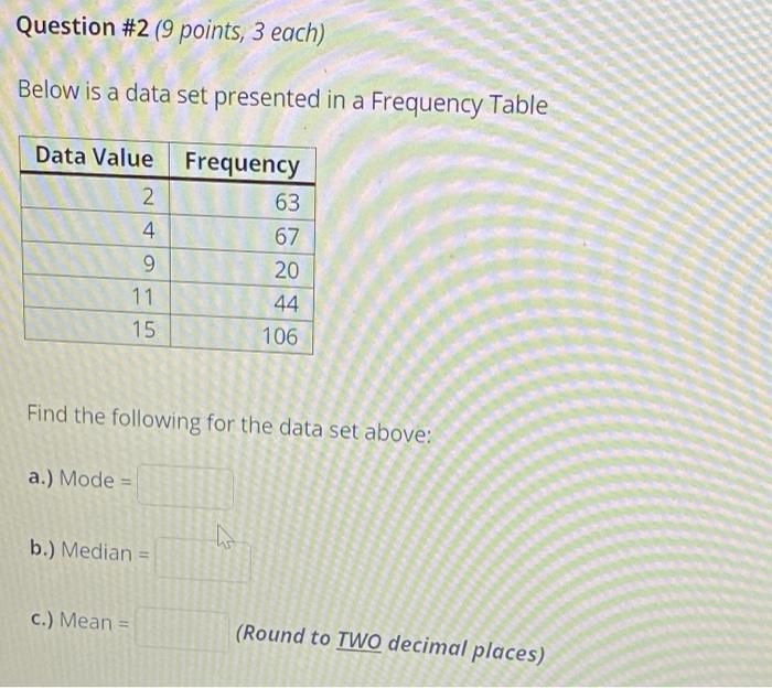 Solved Question #2 (9 points, 3 each) Below is a data set | Chegg.com