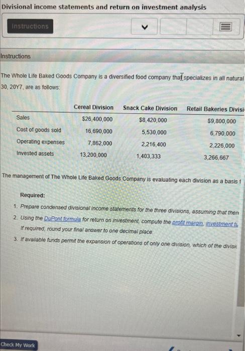 Divisional income statements and return on investment | Chegg.com