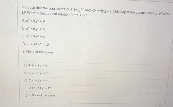 Solved Suppose that the constraints 2x+3y≥30 and −3x+4y≤6 | Chegg.com