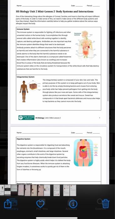 Pot HS Biology Unit 2 Mini-Lesson 2 Body Systems and | Chegg.com