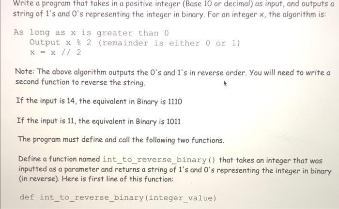 Solved string of 1 's and 0 's representing the integer in | Chegg.com