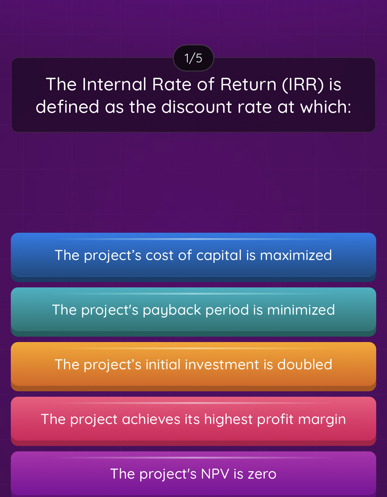 Solved 1/5The Internal Rate of Return (IRR) ﻿is defined as | Chegg.com