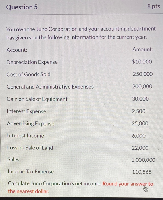 Solved Question 5 8 pts You own the Juno Corporation and | Chegg.com