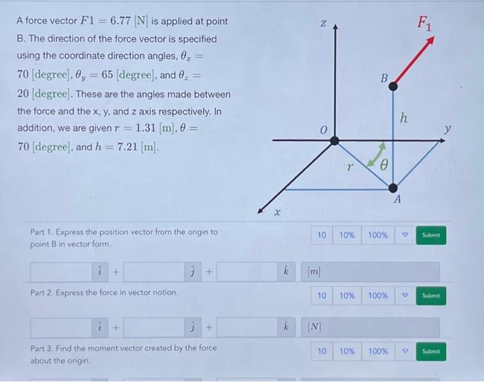 Solved A force vector F1 = 6.77 [N] is applied at point B. | Chegg.com