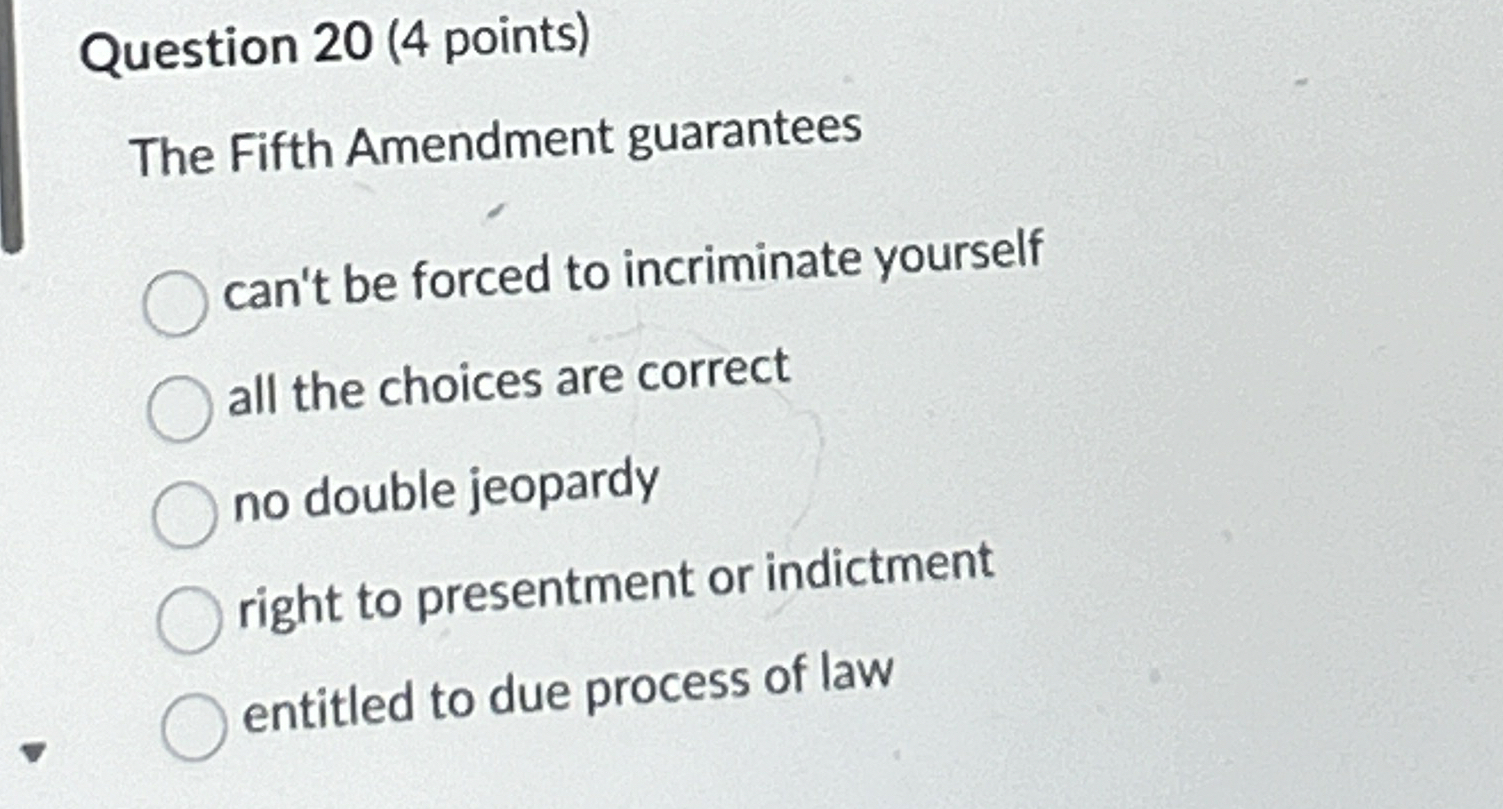 Solved Question 20 (4 ﻿points)The Fifth Amendment | Chegg.com