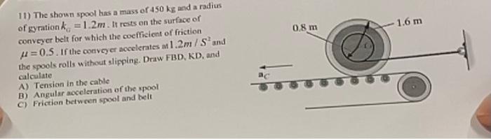 Solved 11) The shown spool has a mass of 450 kg and a radius | Chegg.com