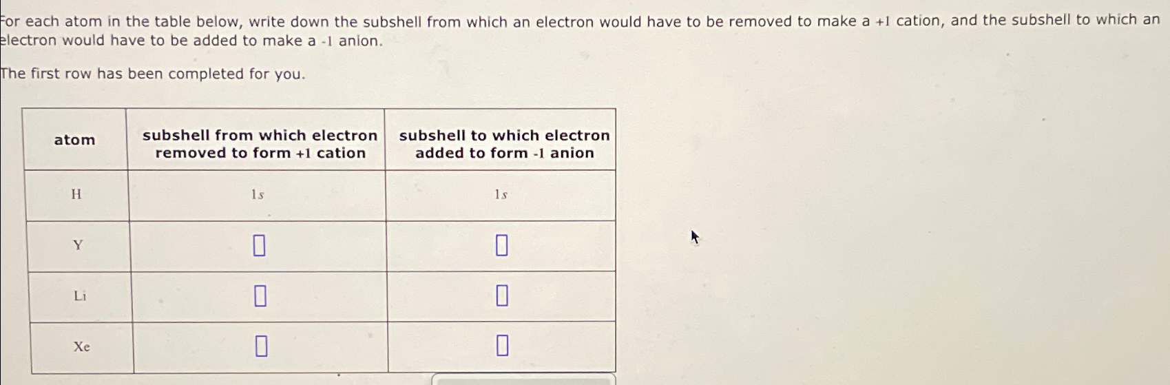 Solved For each atom in the table below, write down the | Chegg.com