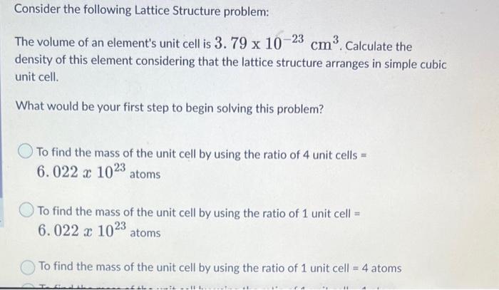 Solved The volume of an element's unit cell is 3.79×10−23 | Chegg.com