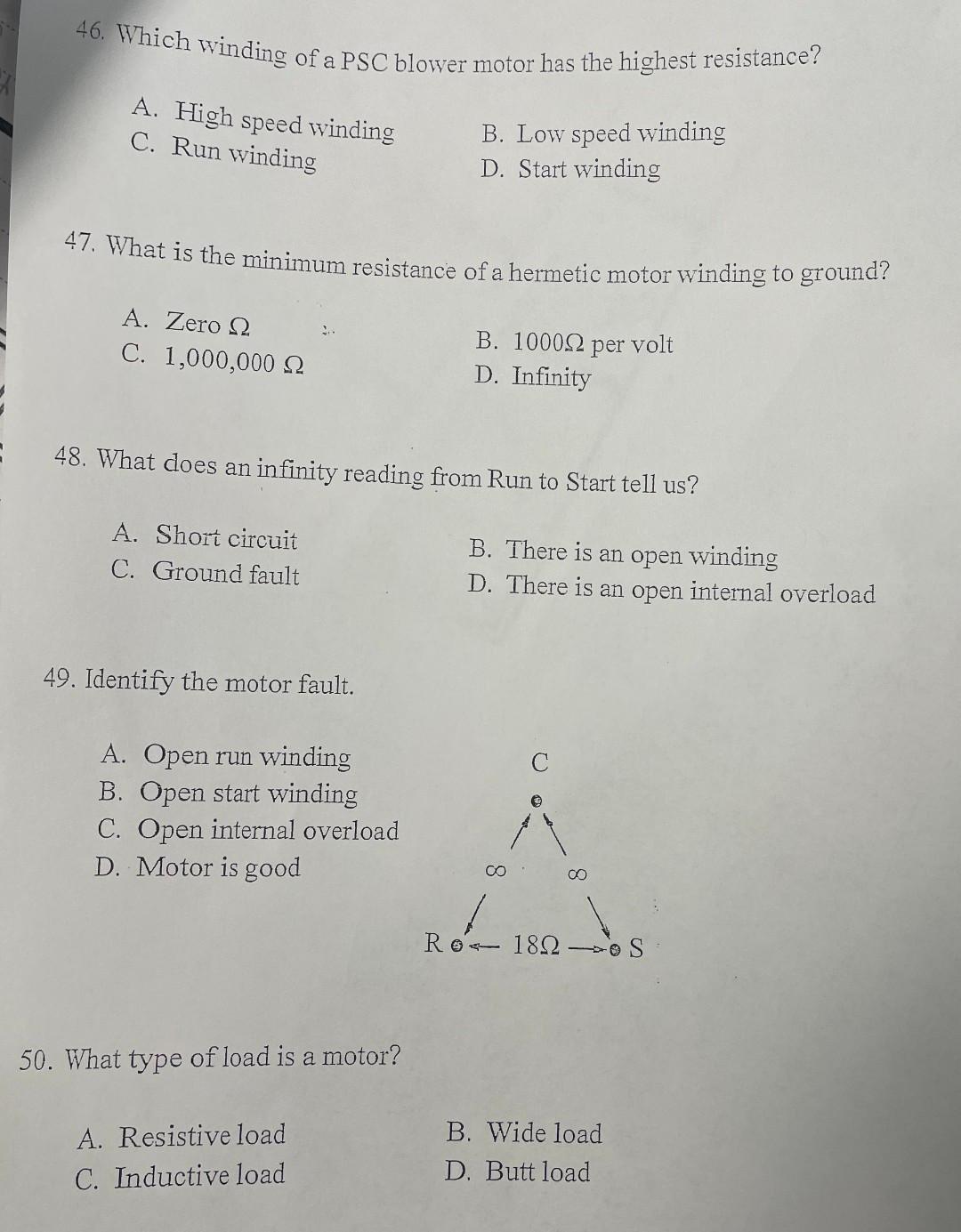 Solved 46. Which winding of a PSC blower motor has the | Chegg.com