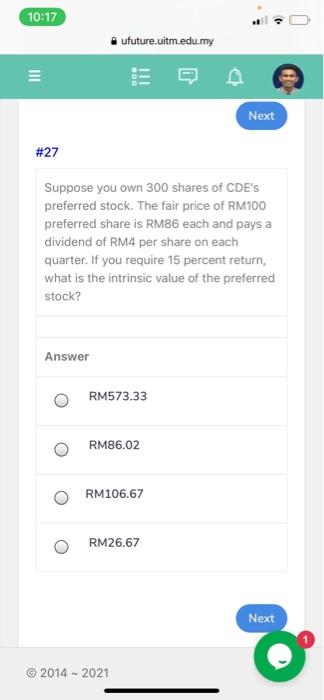 Solved 10:17 ufuture.uitm.edu.my III I Next #27 Suppose you | Chegg.com