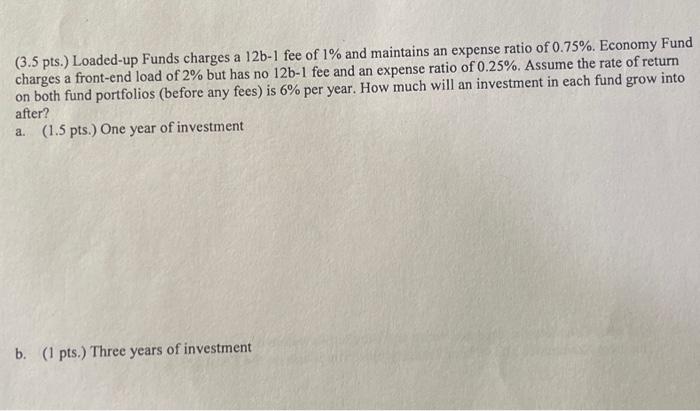 Solved (3.5 pts.) Loaded-up Funds charges a 12b-1 fee of 1% | Chegg.com
