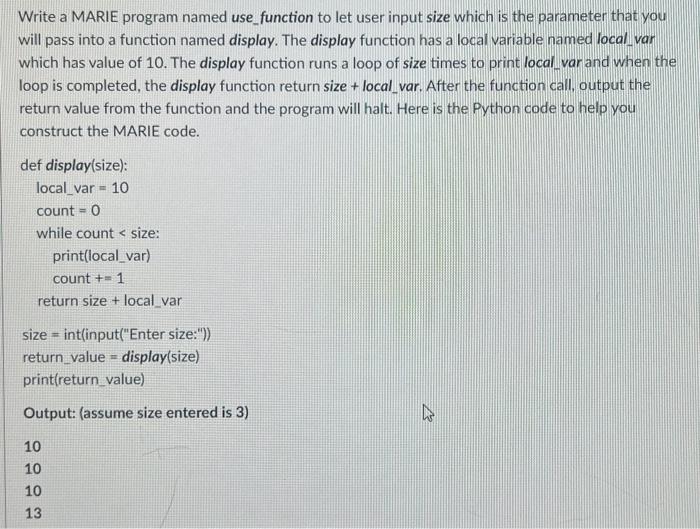 Solved Write a MARIE program named use_function to let user | Chegg.com