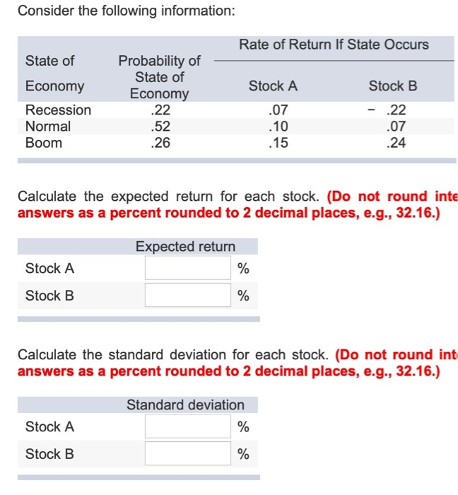 Solved Consider the following information: Rate of Return If | Chegg.com