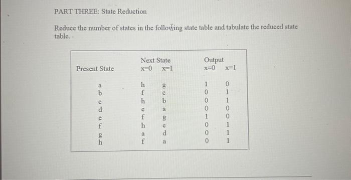 Solved PART THREE: State Reduction Reduce the number of | Chegg.com