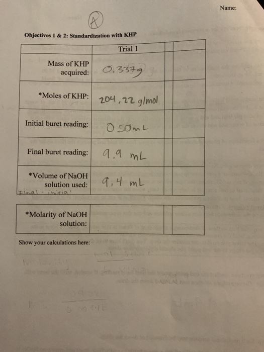 Solved Name: Objectives 1 & 2: Standardization with KHP | Chegg.com