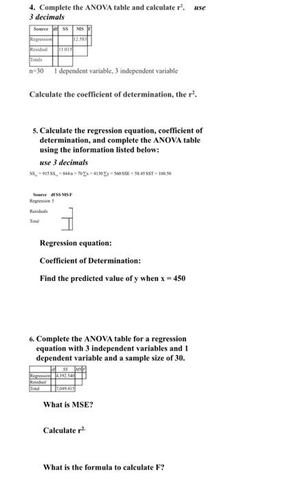 Solved 4. Complete the ANOVA table and calculate r'. use 3 | Chegg.com