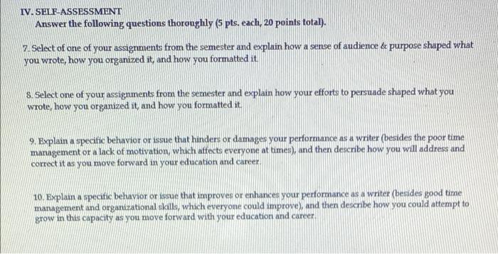 IV.SELF-ASSESSMENT Answer the following questions | Chegg.com