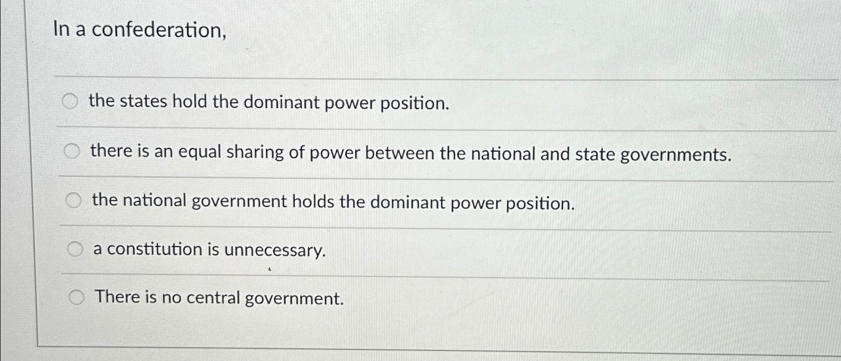 Solved In a confederation,the states hold the dominant power | Chegg.com