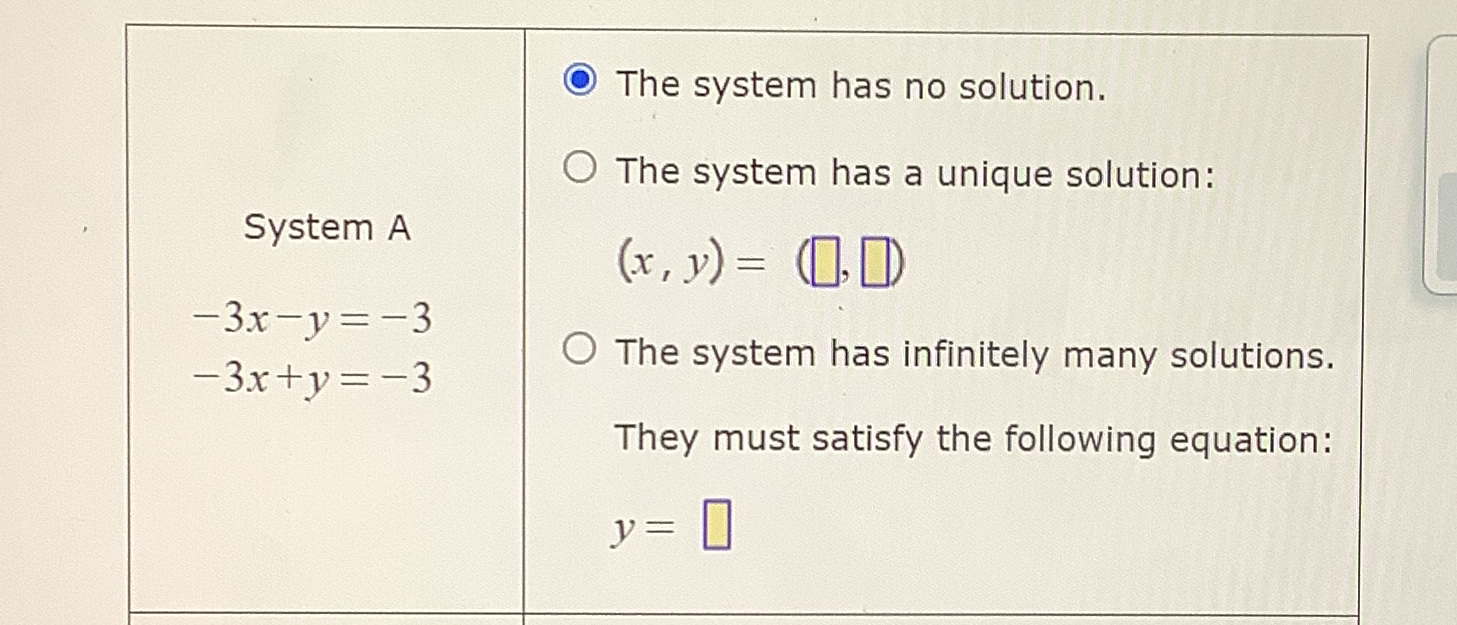 Solved \table[[,O The system has no solution.],[System A,The | Chegg.com