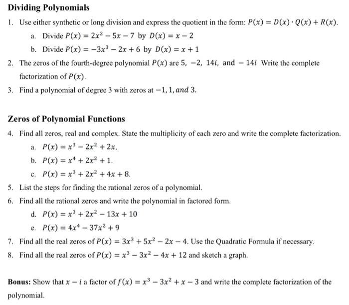 Solved Dividing Polynomials 1. Use either synthetic or long | Chegg.com