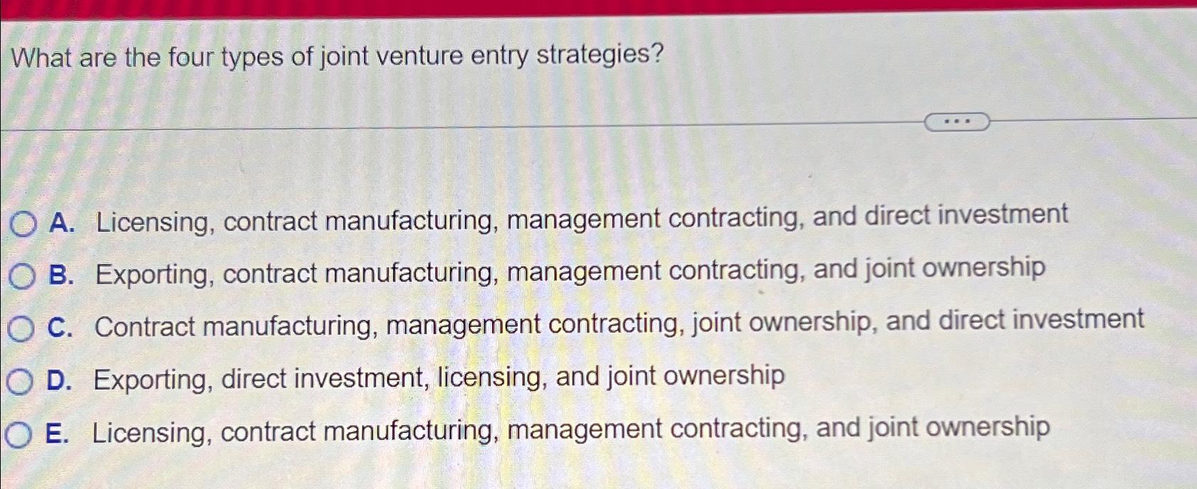 Solved What are the four types of joint venture entry | Chegg.com
