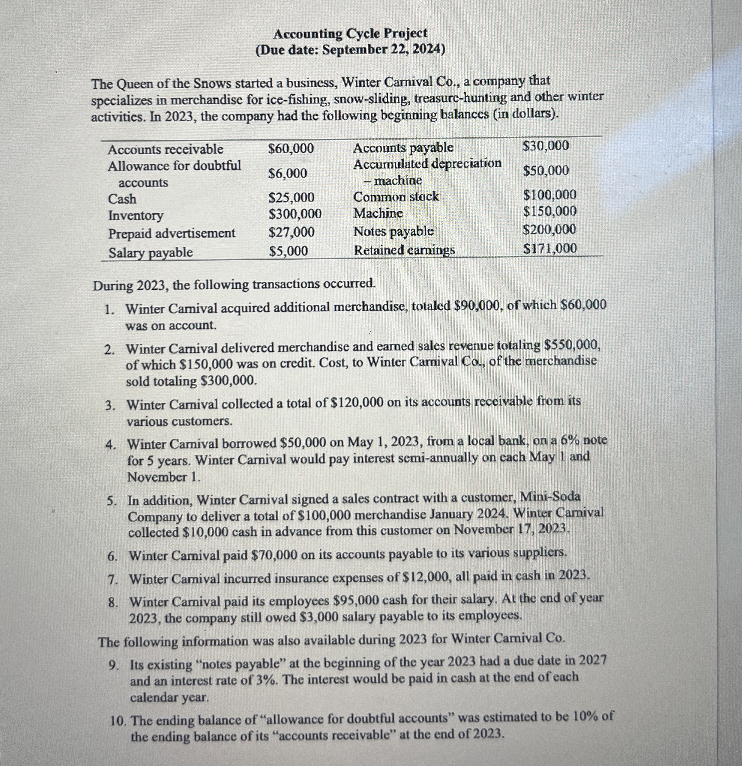 Solved Accounting Cycle Project(Due date: September | Chegg.com