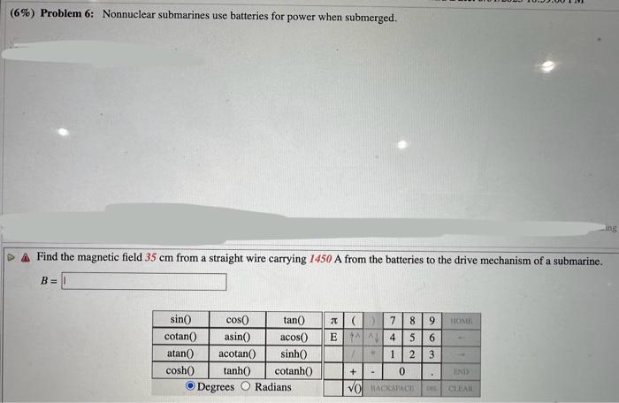 Solved (6\%) Problem 6: Nonnuclear submarines use batteries | Chegg.com Solved (6\%) Problem 6: Nonnuclear submarines use batteries | Chegg.com